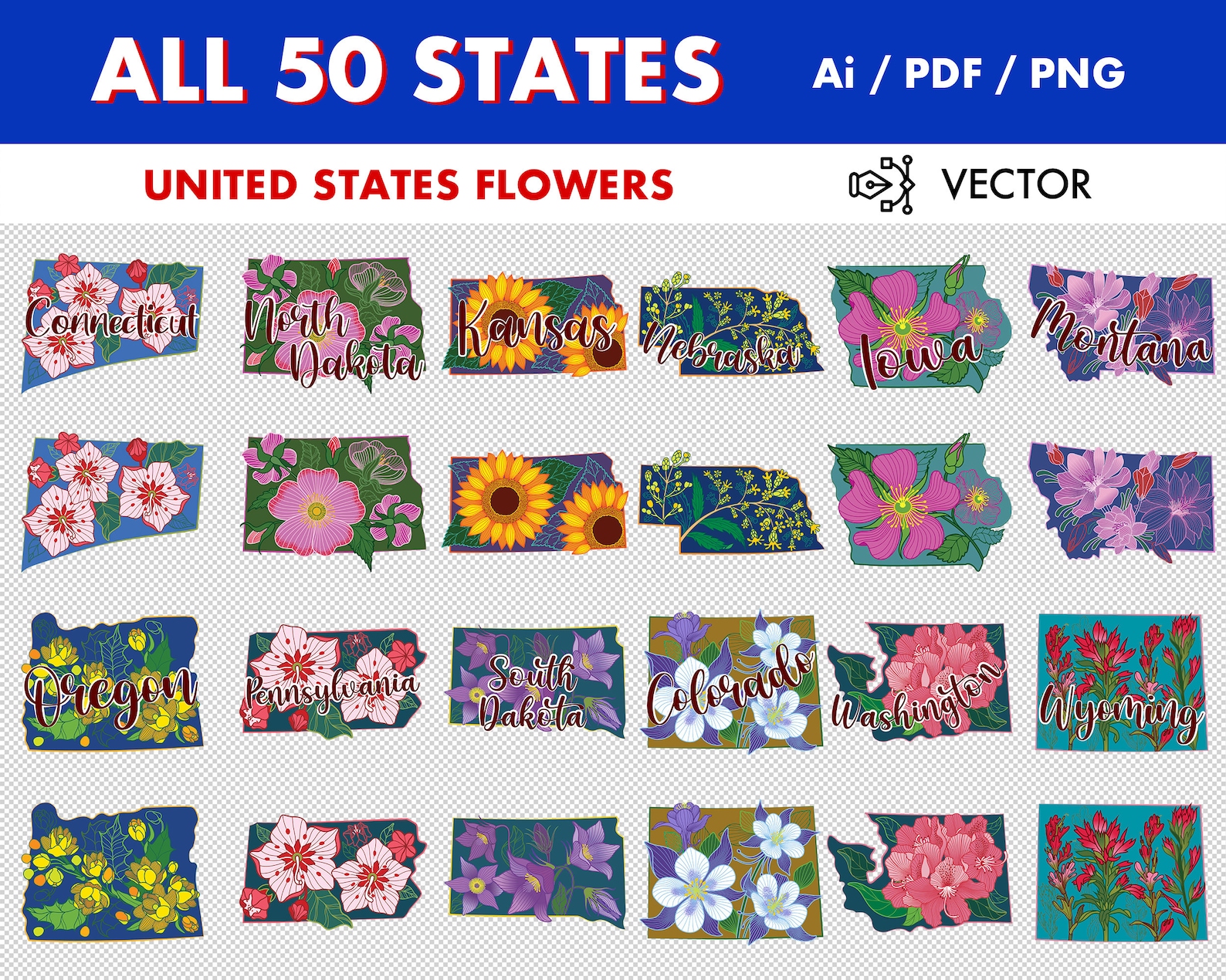 50 States Png / State’s Flower / All 50 States Vector / States Clip Art ...