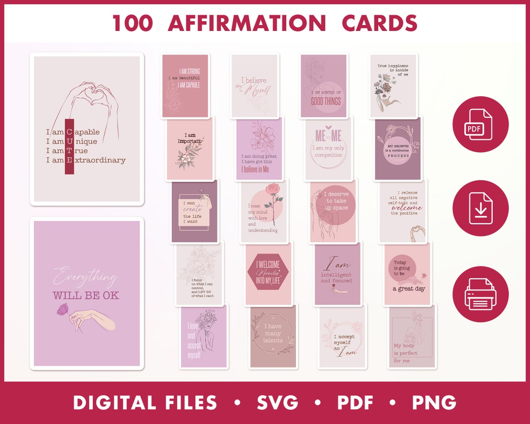 100 Affirmation Cards Printable, Womens Day Card, Mindfulness, Positive ...
