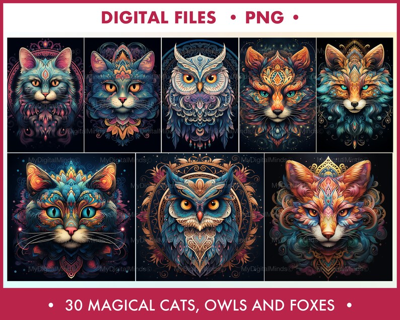 30 Magical Cats, Owls and Foxes PNG, Cat Lover Gift, Mandala Art, Set ...