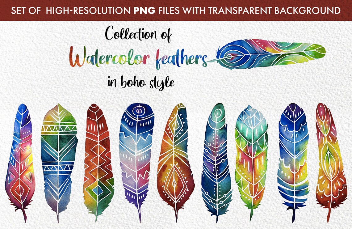 Feather Watercolor Clipart Feather Set Home Decor Digital - Etsy