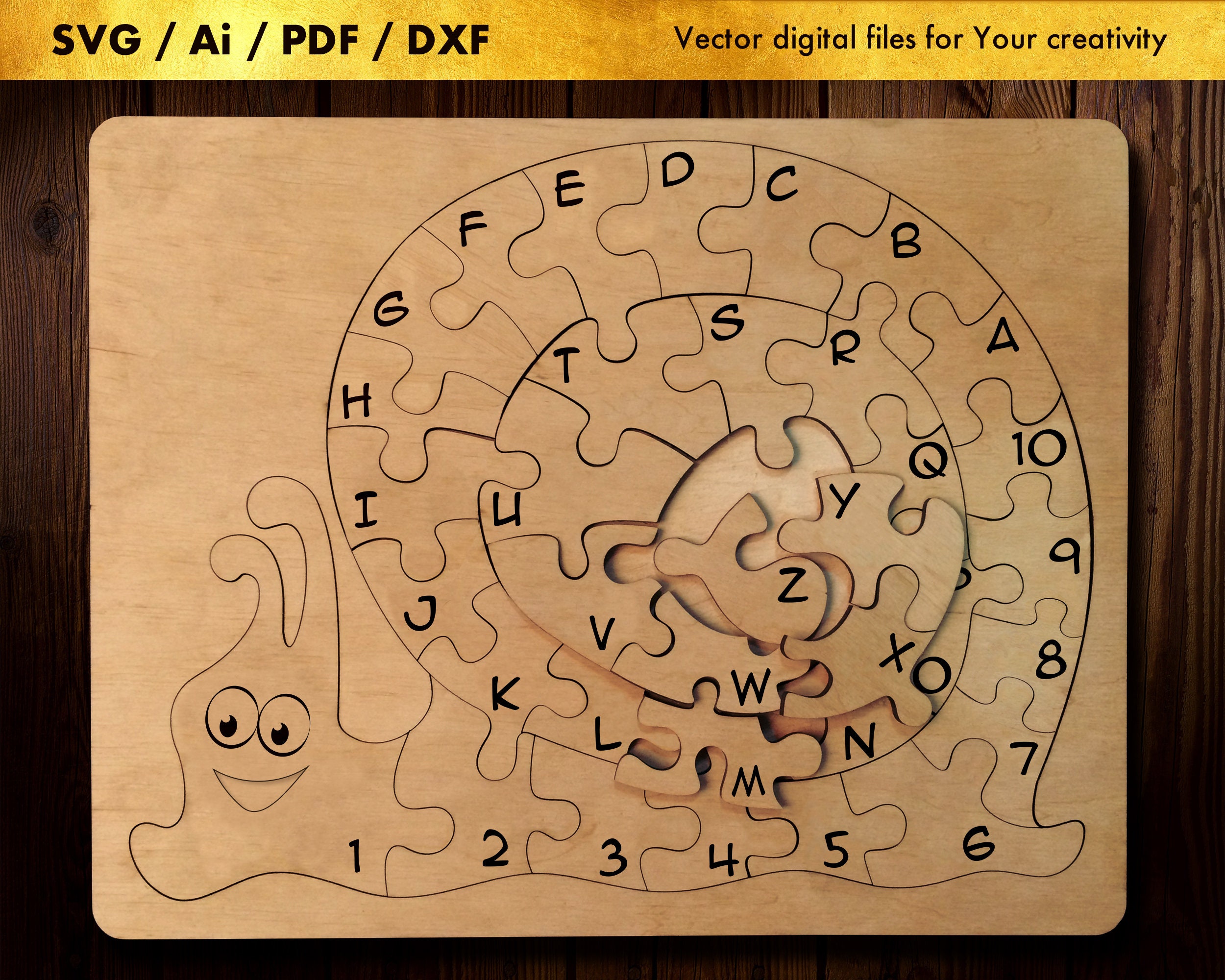 Puzzle Alphabet Snail. Laser Cut Vector File Ai PDF DXF SVG, for Laser ...