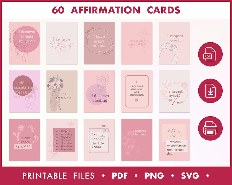 60 Self Care Cards, Printable Affirmation PDF, Self Love, Oracle Cards, Affirm Card Woman - Etsy