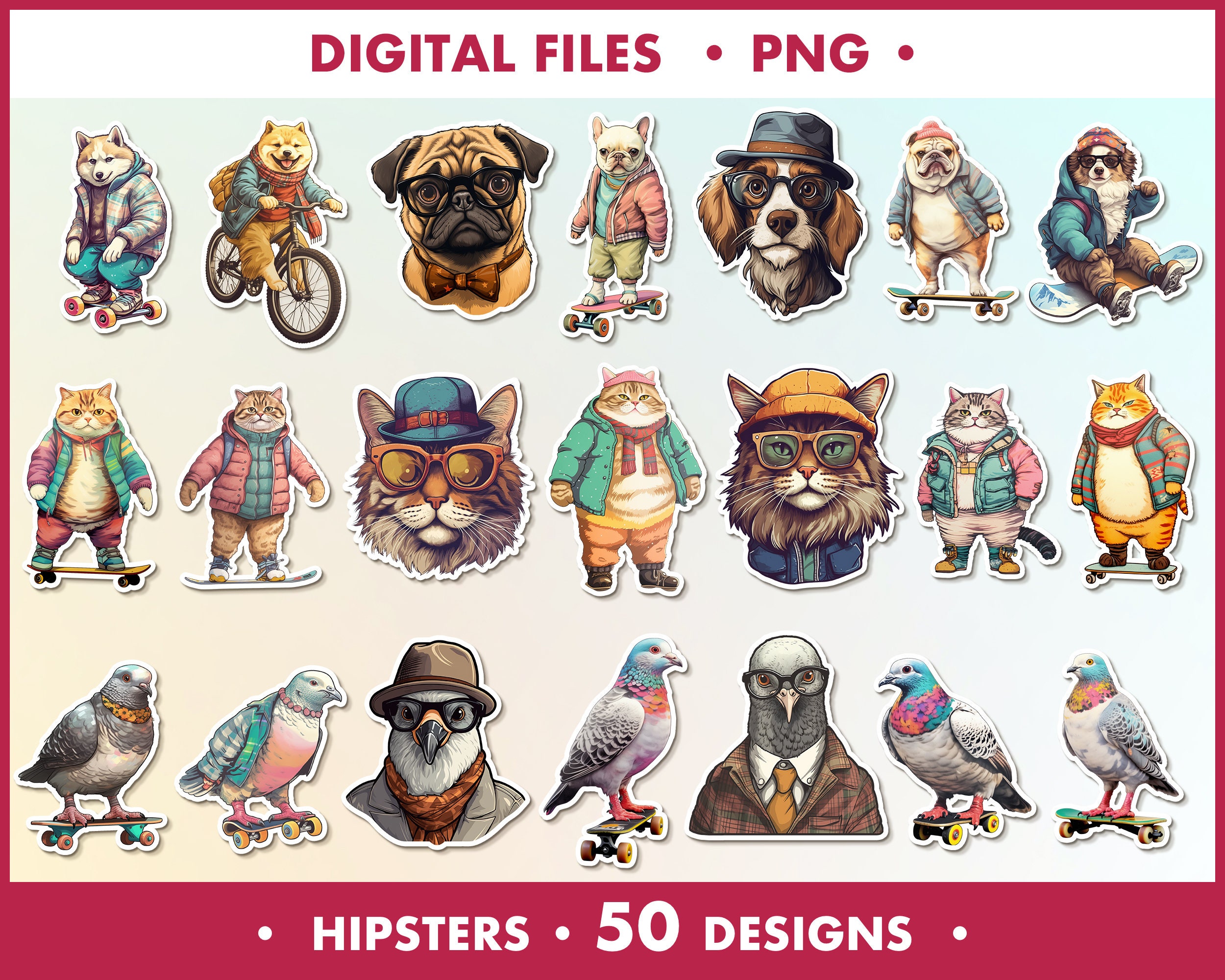 Hipster Sticker Bundle, 50 Stickers PNG, Cat Skateboarder, Dog ...
