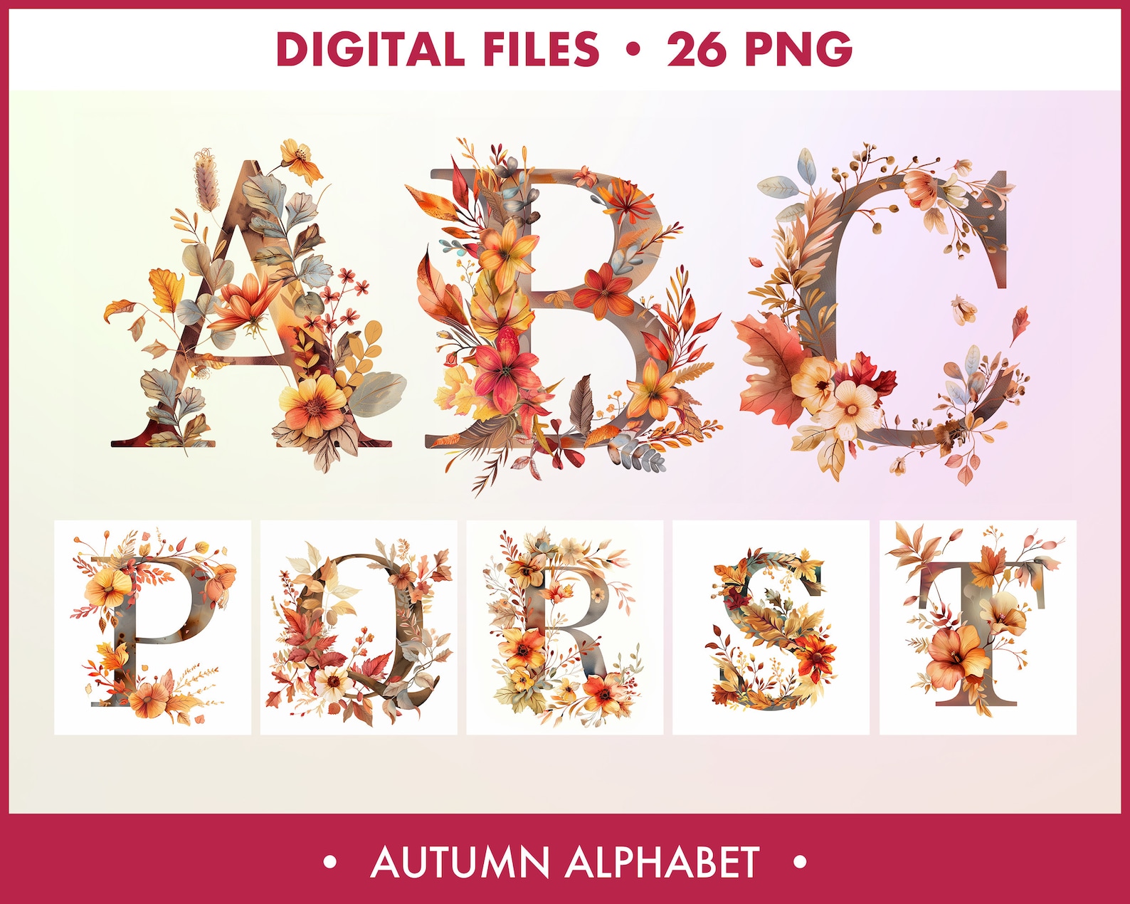 Autumn Alphabet PNG, Fall Alphabet Download, Fall Monogram Watercolor ...