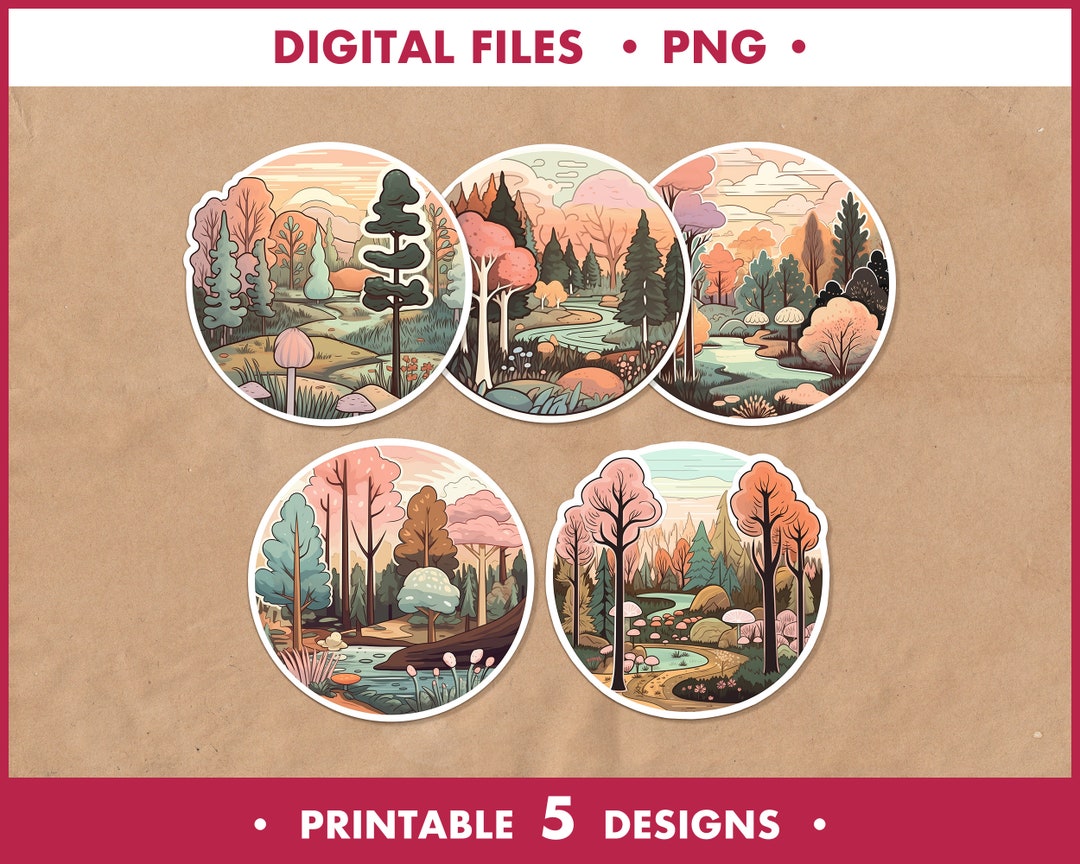 Digital Stickers Serene Nature Scenes, Cute Forest Clipart ...