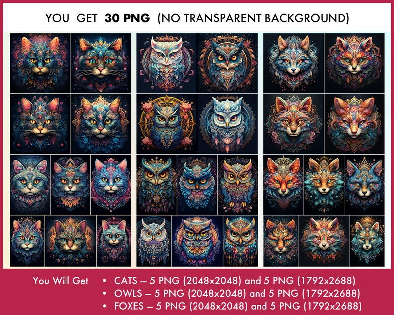 30 Magical Cats, Owls and Foxes PNG, Cat Lover Gift, Mandala Art, Set ...