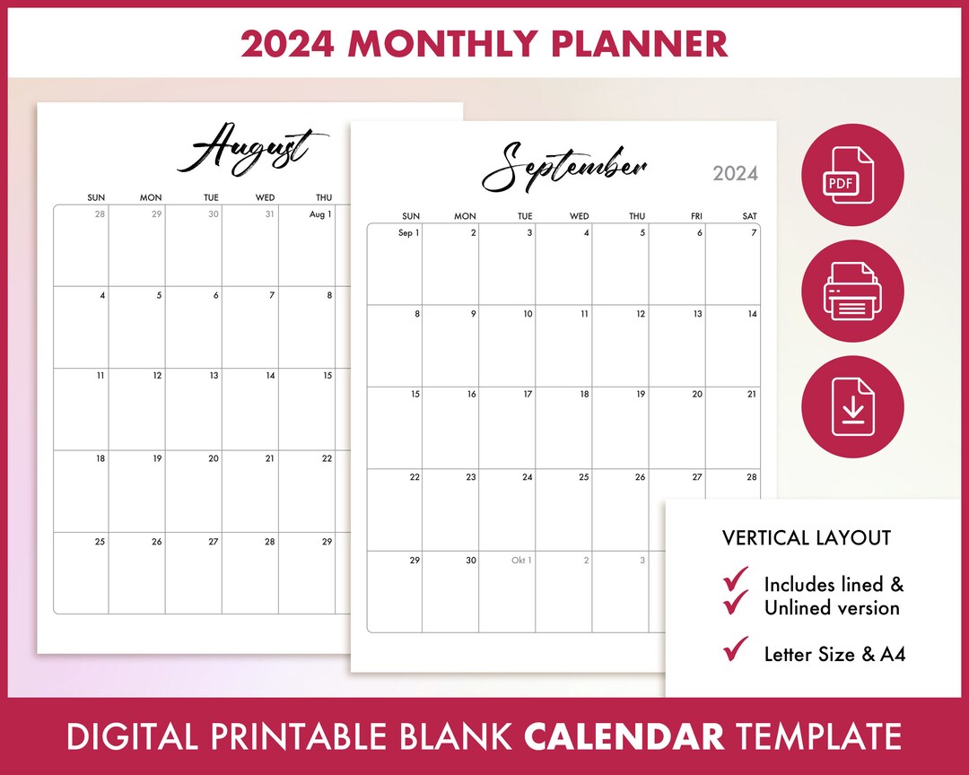2024 Calendar Printable, Minimal Black and White Monthly Calendar, Desk ...