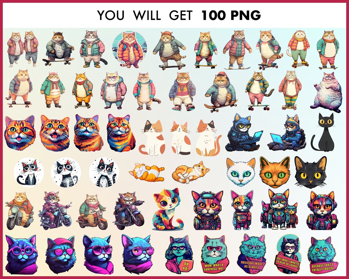 Cat Lovers Bundle, 100 Stickers PNG, Cat Lady Gift, Sticker Pack Varied ...