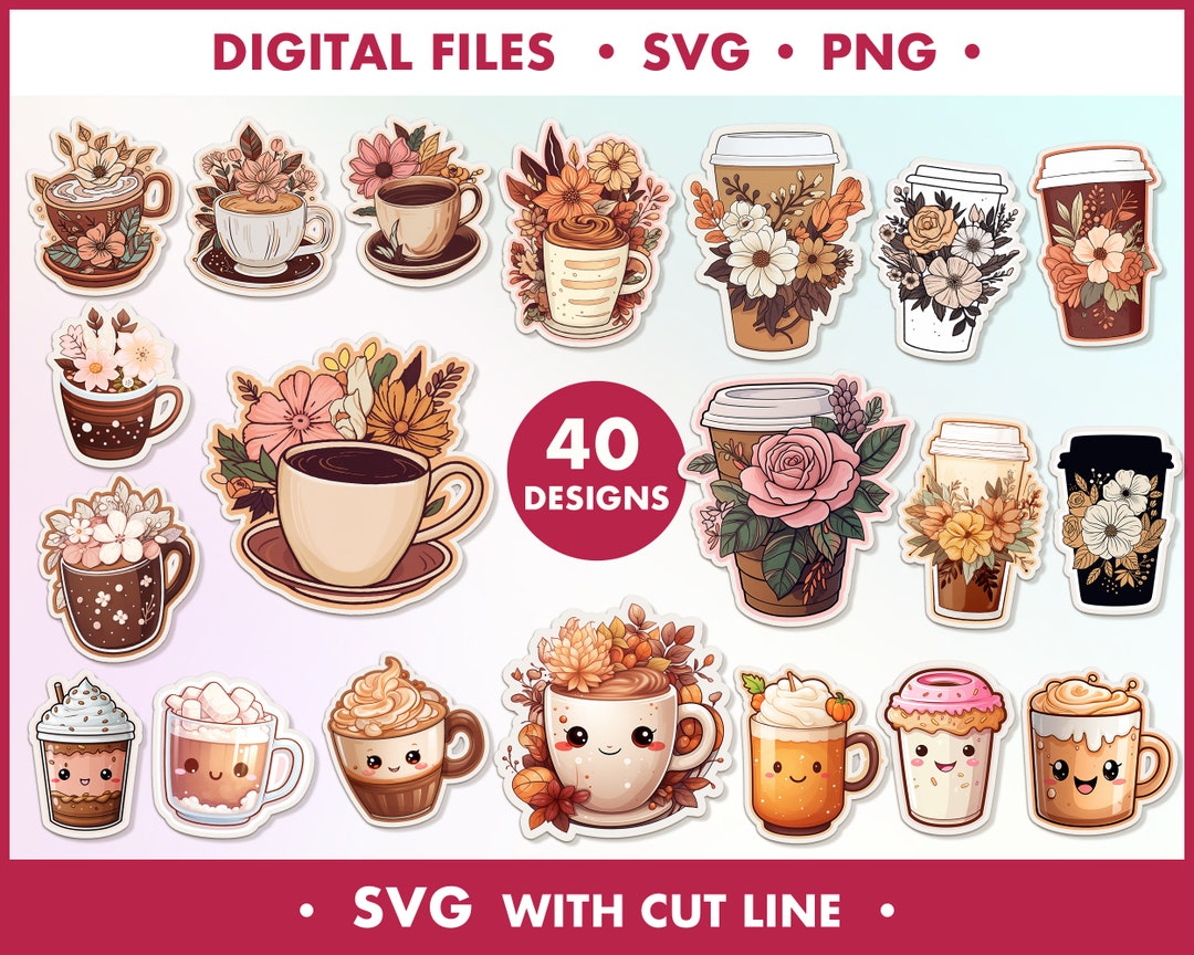 Digital Stickers Coffee Mug SVG, Coffee Cup Stickers Boho Style SVG ...