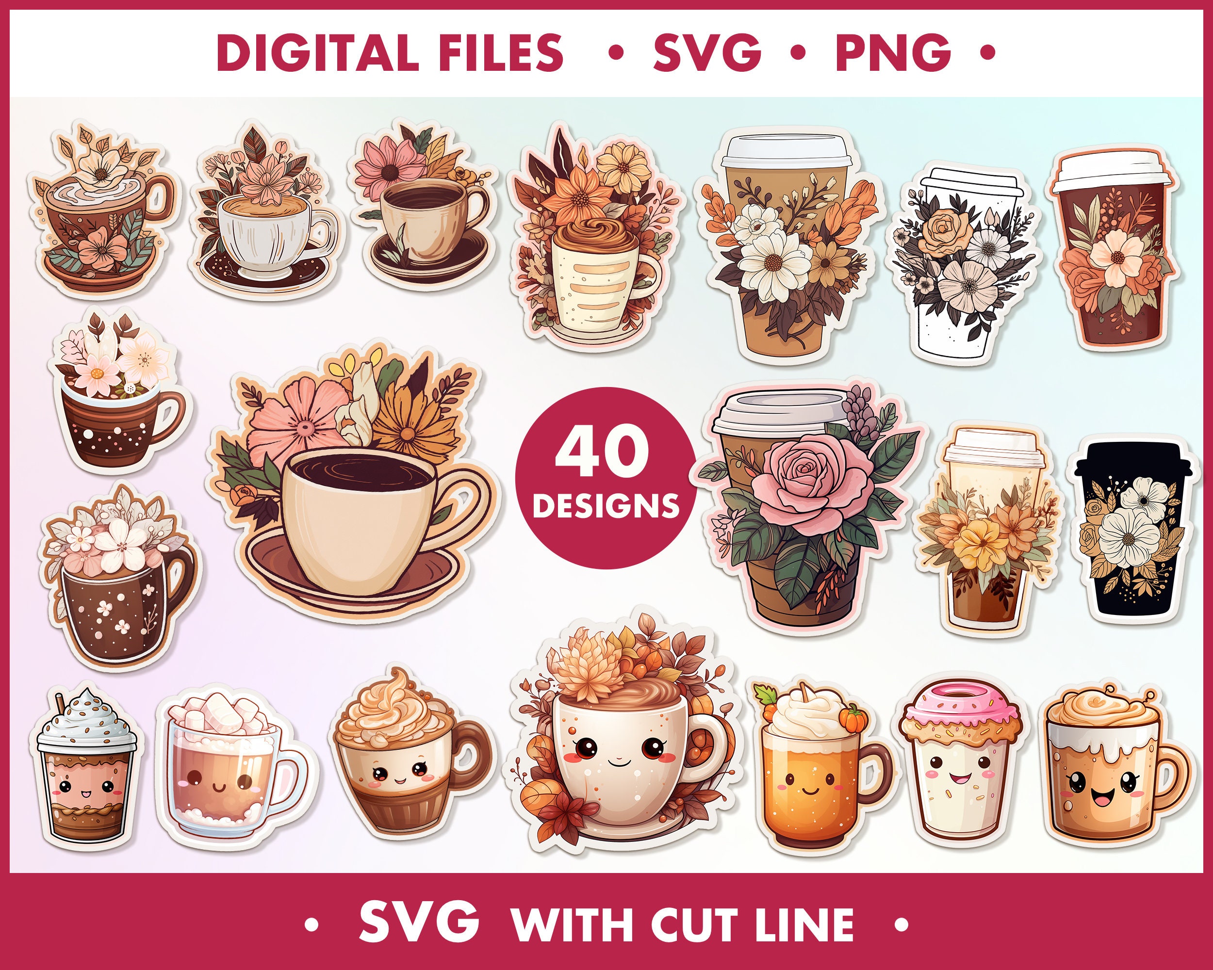 Digital Stickers Coffee Mug SVG, Coffee Cup Stickers Boho Style SVG ...