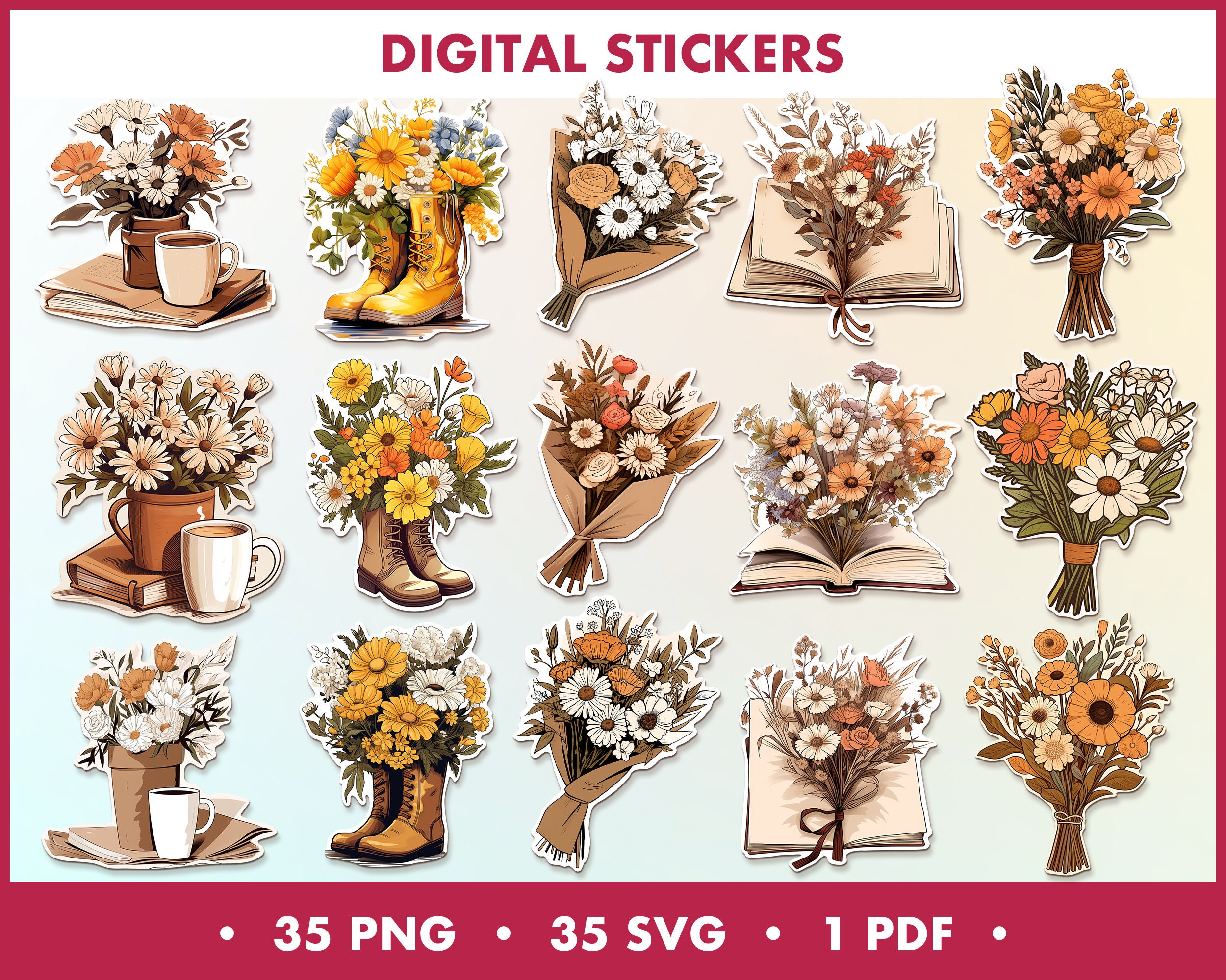 Sticker Pack Flowers Clipart PNG SVG, Floral Clip Art, Wild Flower ...