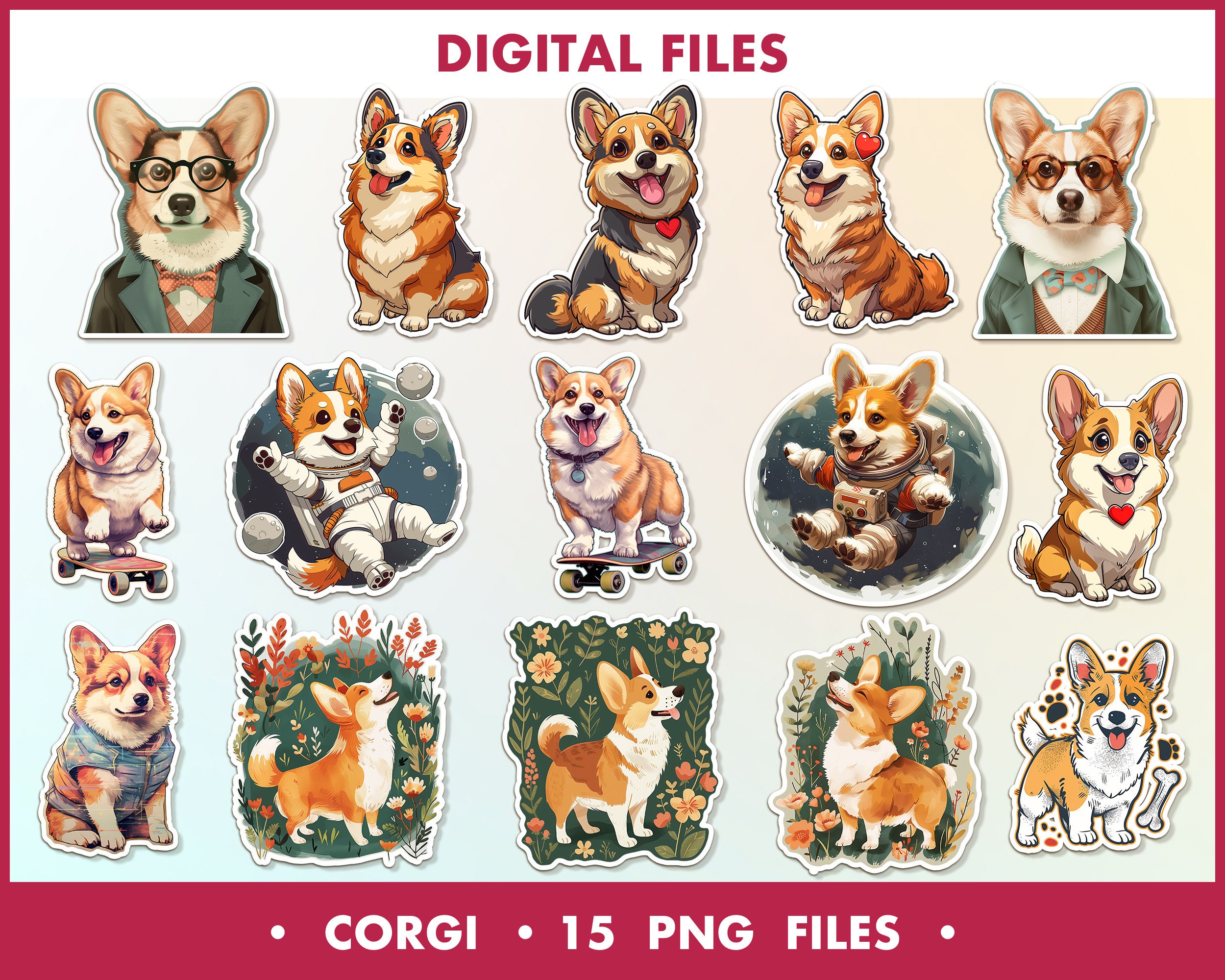 Corgi Clipart PNG, Corgi Sticker Pack, Corgi Lovers, Bundle 15 Images ...