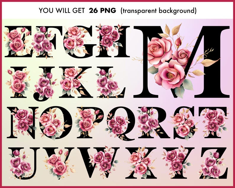 Black Monogram Letter With Roses PNG, Floral Alphabet Clipart, Initials ...