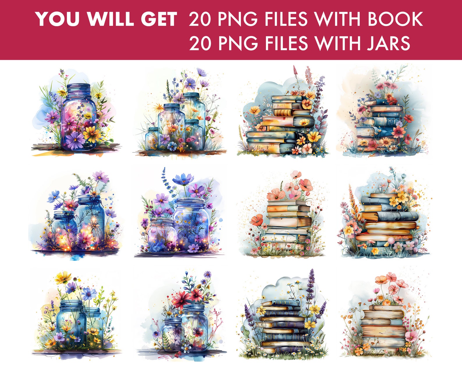Printable Watercolor Wildflower Books Clipart, Ecosystem in Jar, Card ...