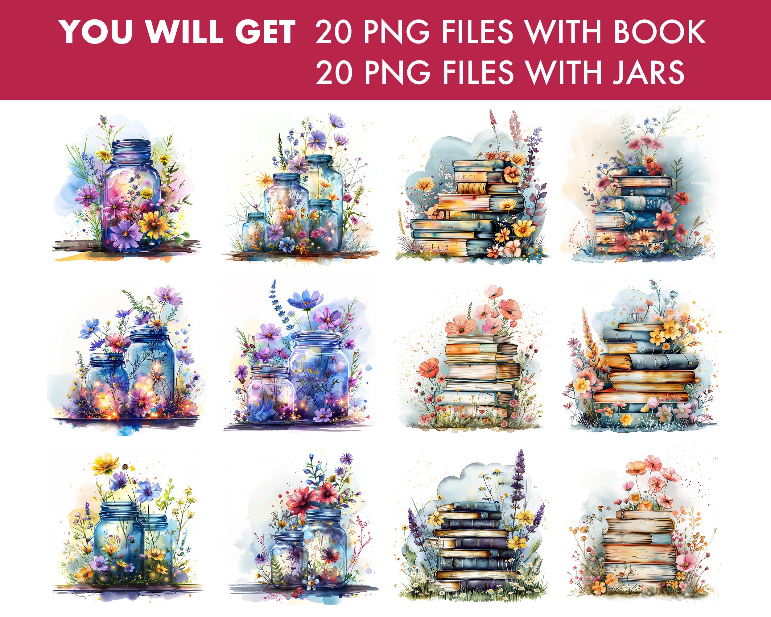 Printable Watercolor Wildflower Books Clipart, Ecosystem in Jar, Card ...