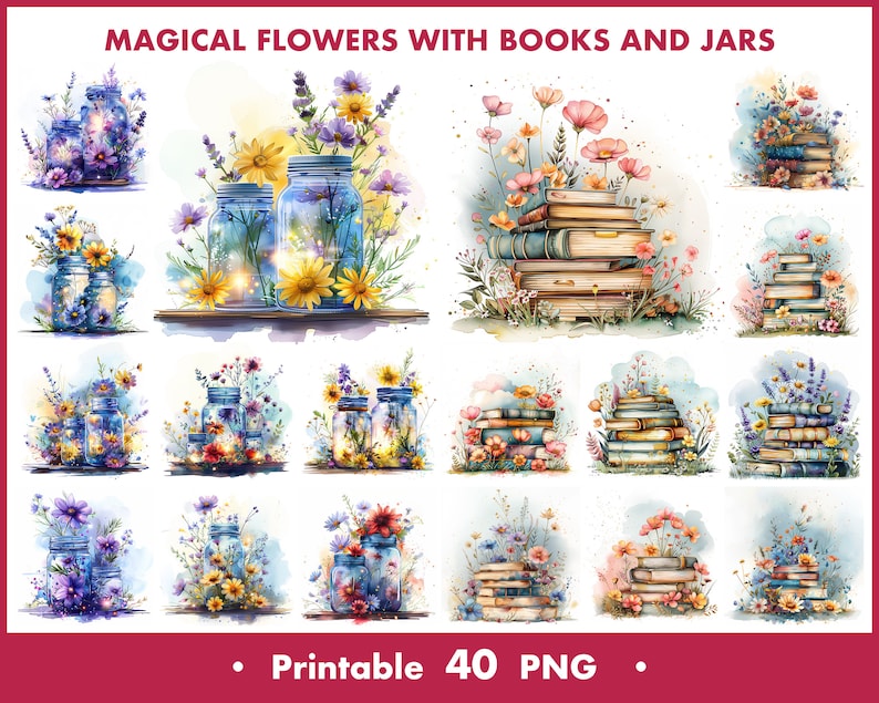 Printable Watercolor Wildflower Books Clipart, Ecosystem in Jar, Card ...