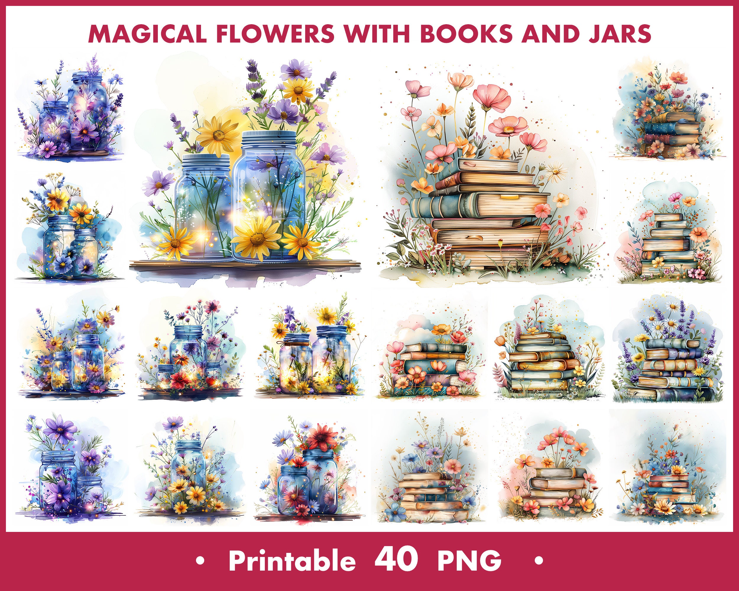 Printable Watercolor Wildflower Books Clipart, Ecosystem in Jar, Card ...
