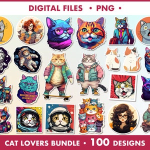 Cat Lovers Bundle, 100 Stickers PNG, Cat Lady Gift, Sticker Pack Varied ...