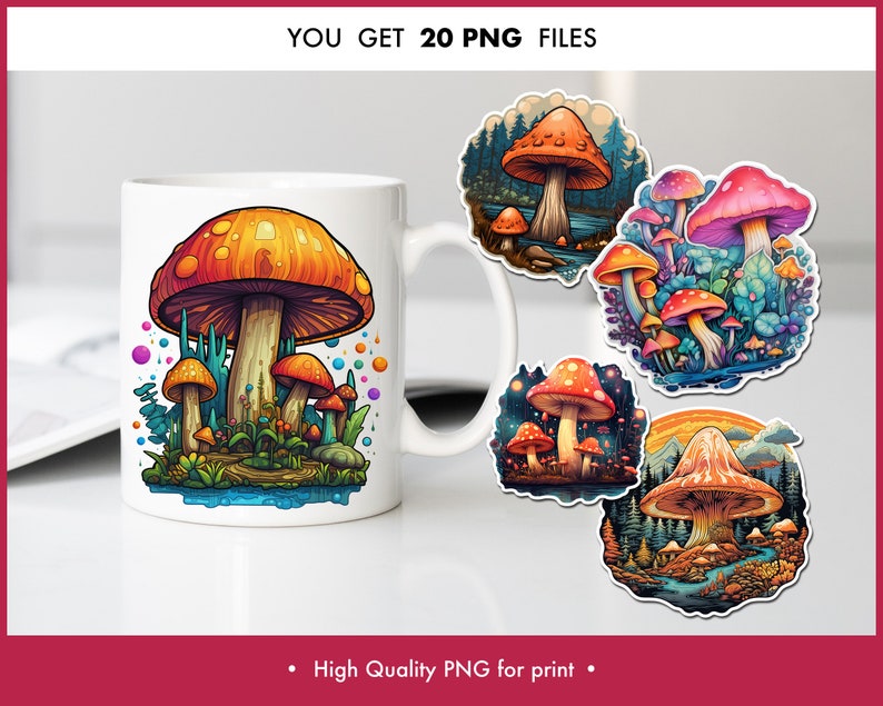 Mushrooms Print PNG Bundle 20 Designs, Digital Illustration Mushroom ...