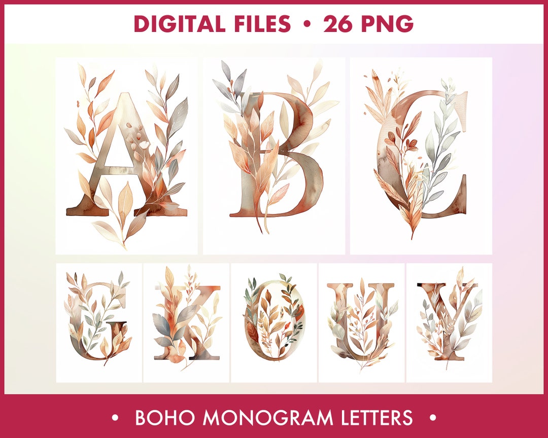 Boho Alphabet 26 PNG Download, Fall Boho Monogram Letters Watercolor ...