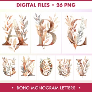 Boho Alphabet 26 PNG Download, Fall Boho Monogram Letters Watercolor ...