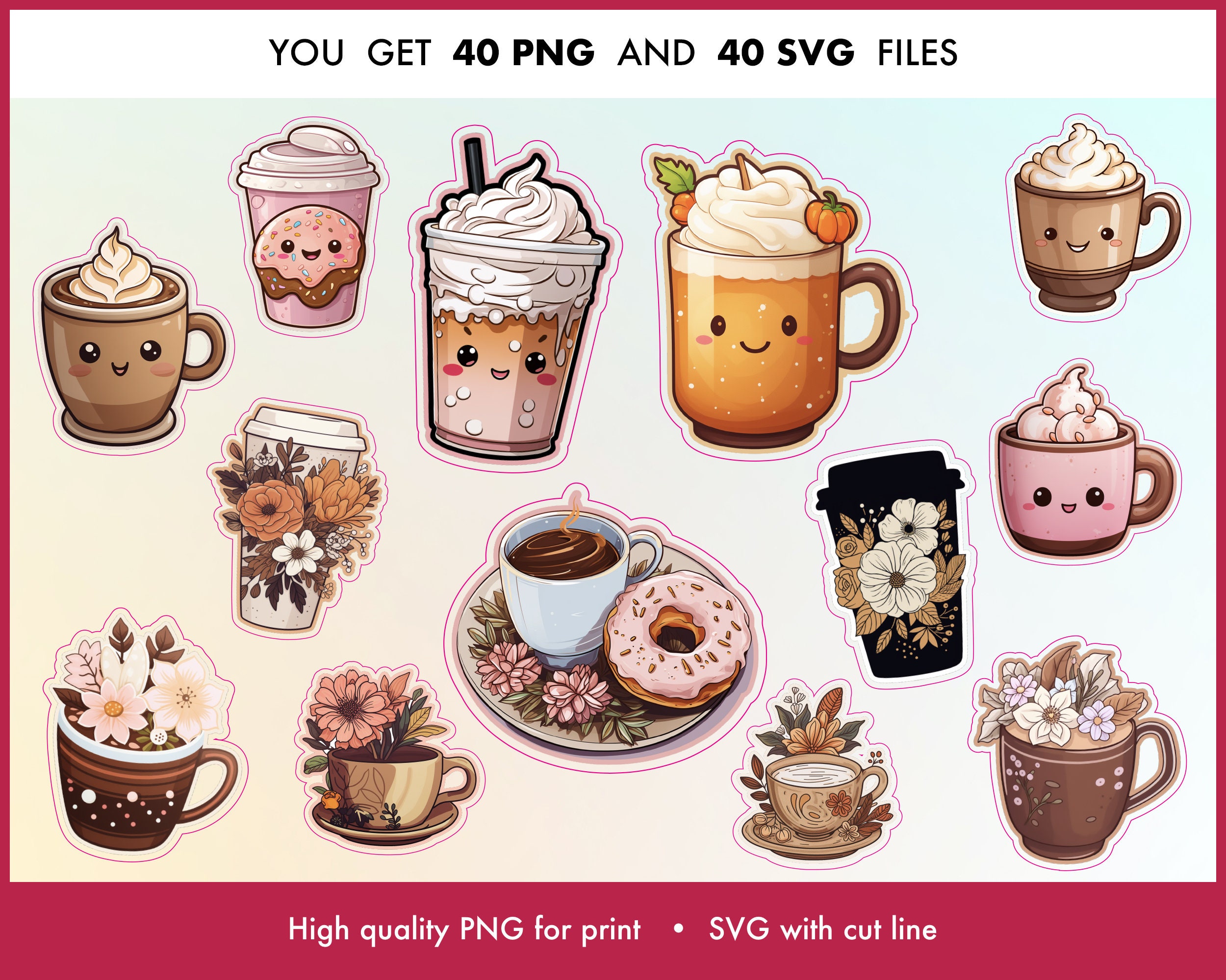 Digital Stickers Coffee Mug SVG, Coffee Cup Stickers Boho Style SVG ...