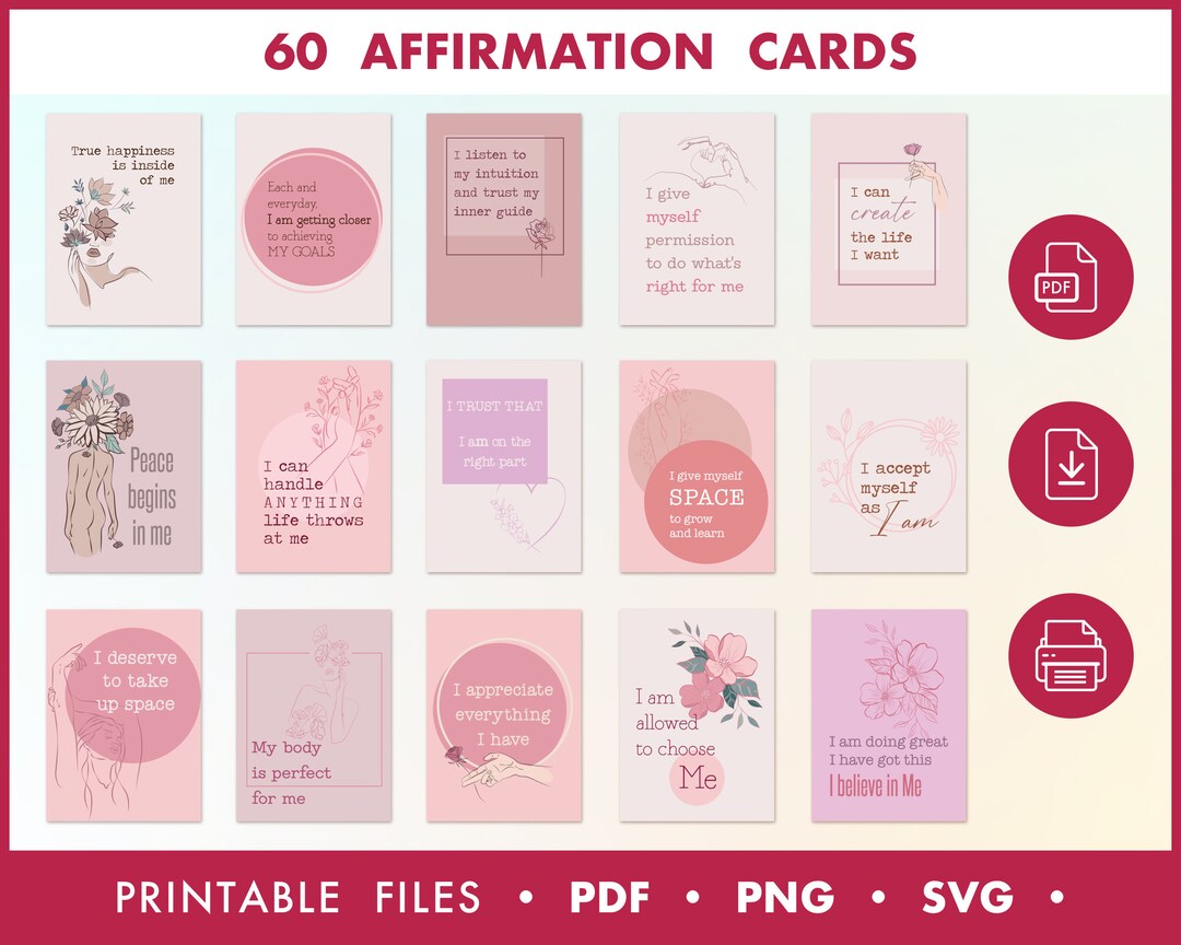 60 Affirmations, Self Care Cards, Mindfulness Affirm, Motivational ...