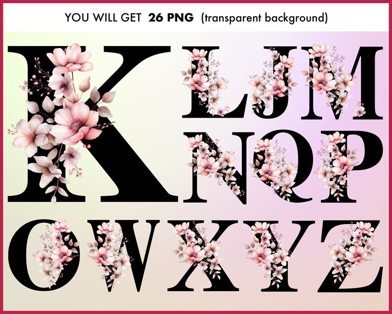 Black Monogram Letter Watercolor Flower, Floral Alphabet Clipart ...