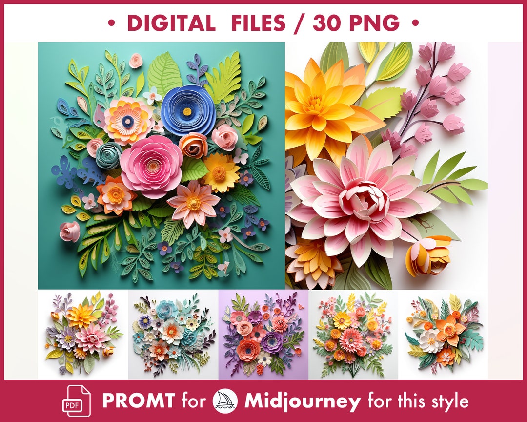 Digital Paper Flowers PNG, Midjourney Promts, Paper Craft, Set of ...