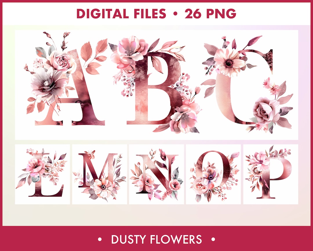 Monogram Initials, Floral Alphabet PNG, Dusty Watercolor Flowers ...