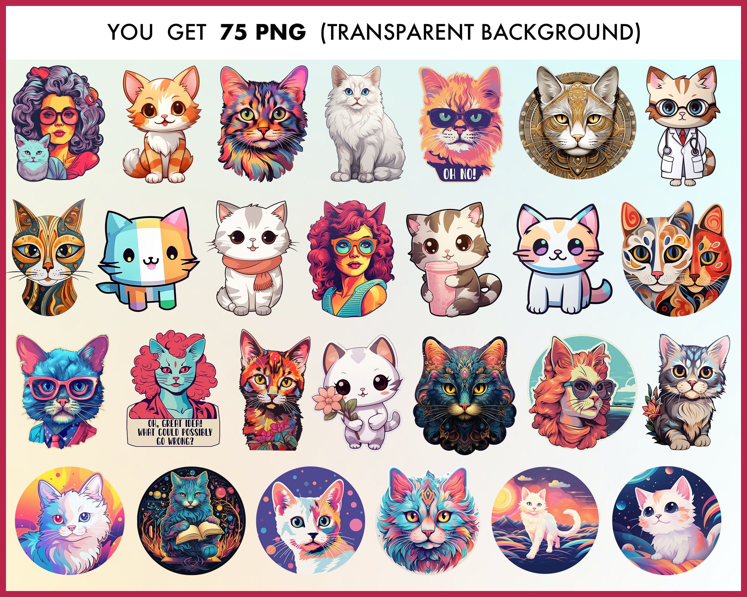 Sticker Pack Varied Cats, Cat Lover Gift, Set of Funny Cat Stickers ...