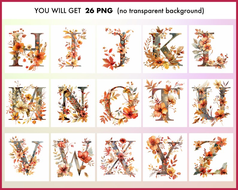 Autumn Alphabet PNG, Fall Alphabet Download, Fall Monogram Watercolor ...