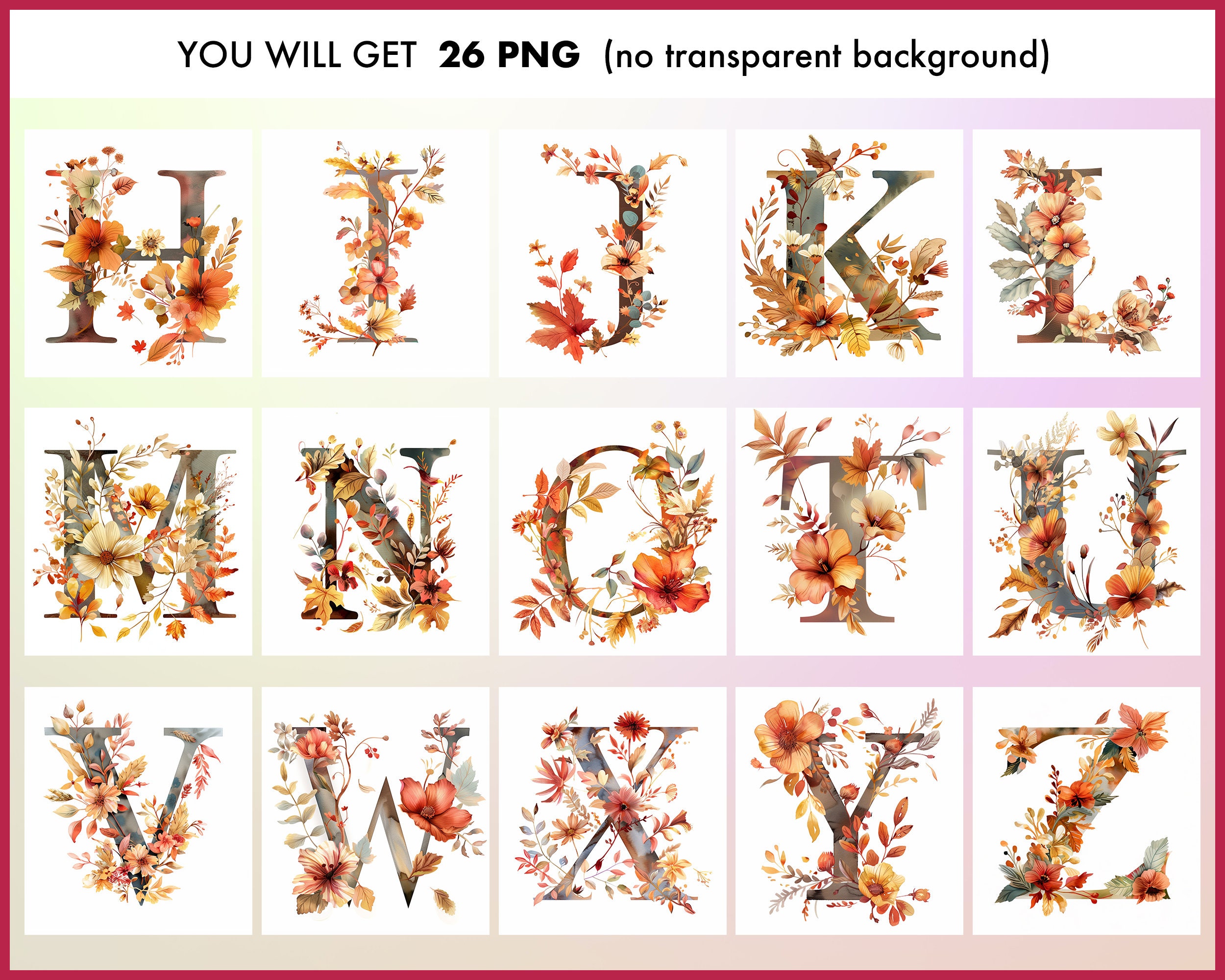 Autumn Alphabet PNG, Fall Alphabet Download, Fall Monogram Watercolor ...