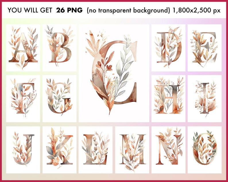 Boho Alphabet 26 PNG Download, Fall Boho Monogram Letters Watercolor ...