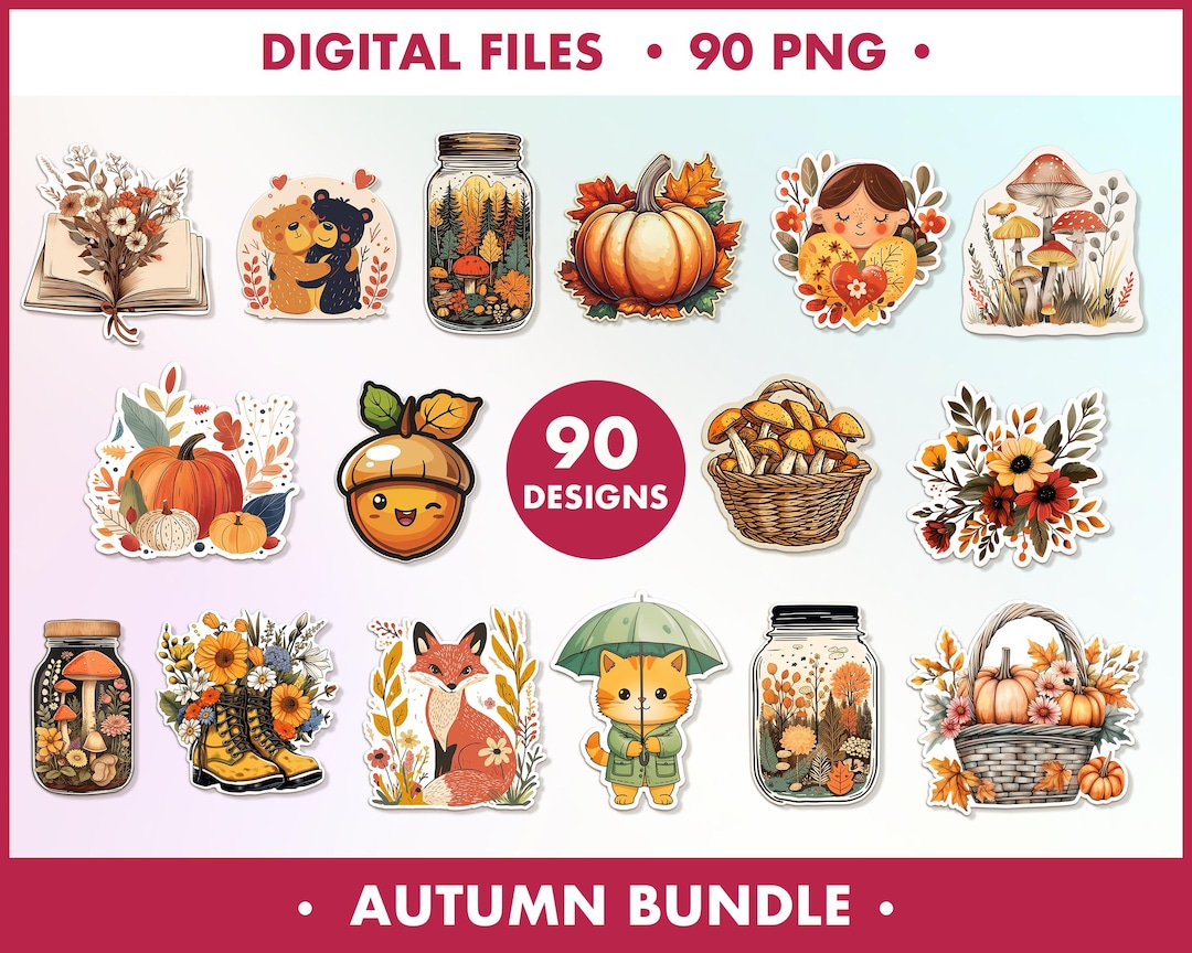 Autumn Bundle PNG, Digital Stickers Download, Fall Prints, Autumn 90 ...