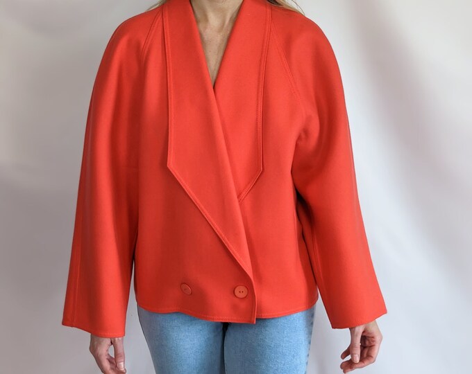 80s Vintage Bright Orange Power Shoulder Boxy Minimalist Tailored 100% ...
