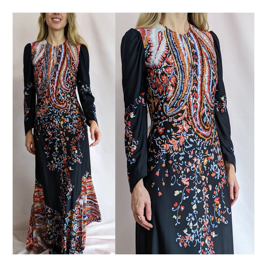 RARE Vintage 70s Black and Multicolour Abstract Slinky Maxi Dress by ...