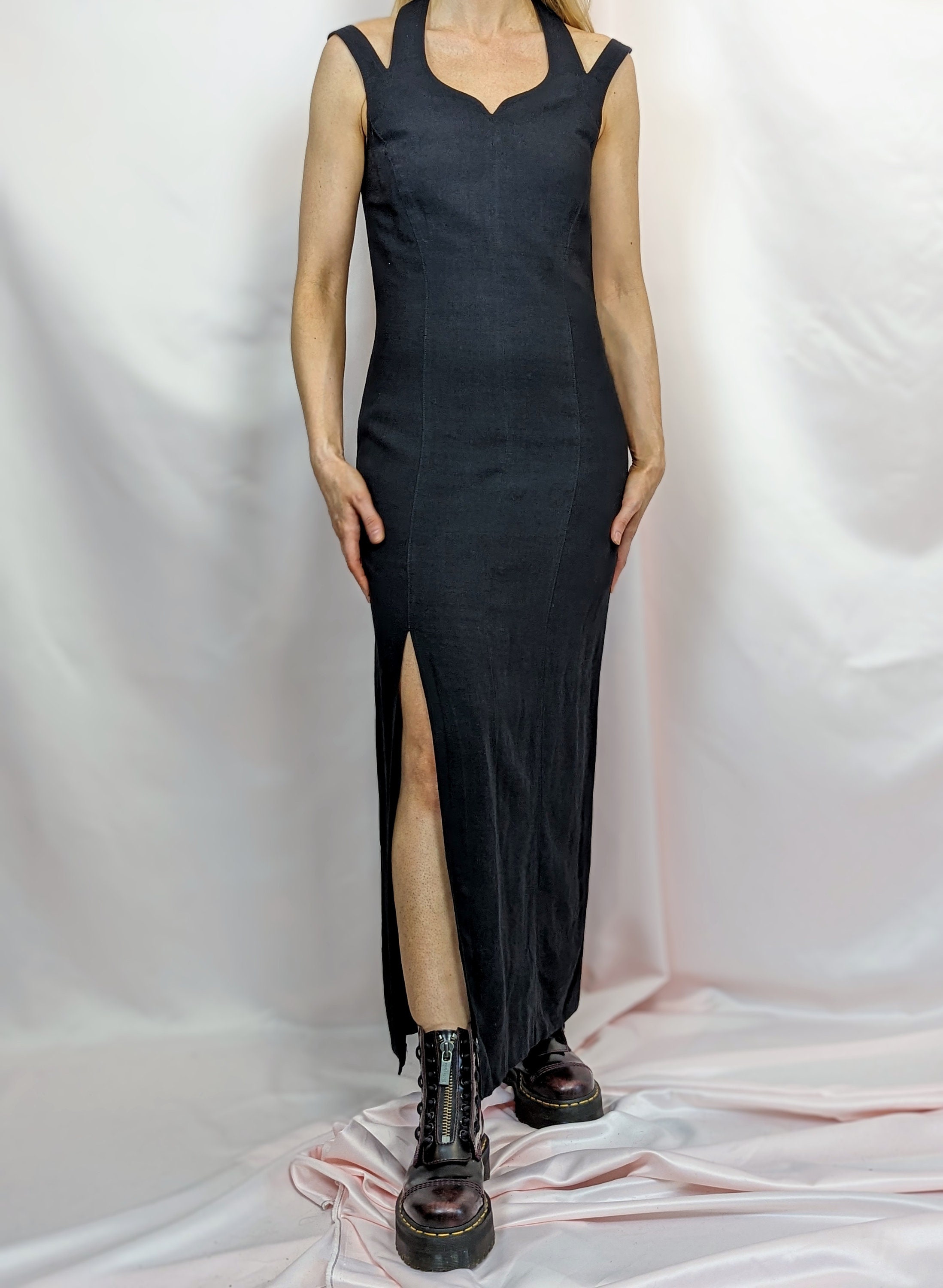 RARE Vintage 80s/90s Viscose & Linen Cut Out Neckline Maxi Fitted Black ...