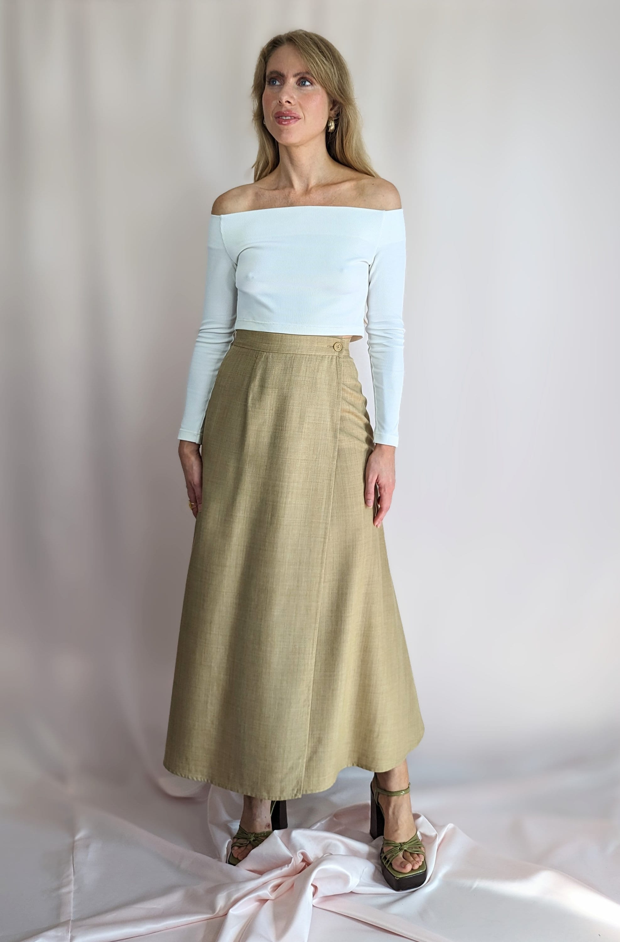 90s Alberta Ferretti Minimalist Long A Line Beige Skirt/ Wool and Rayon ...