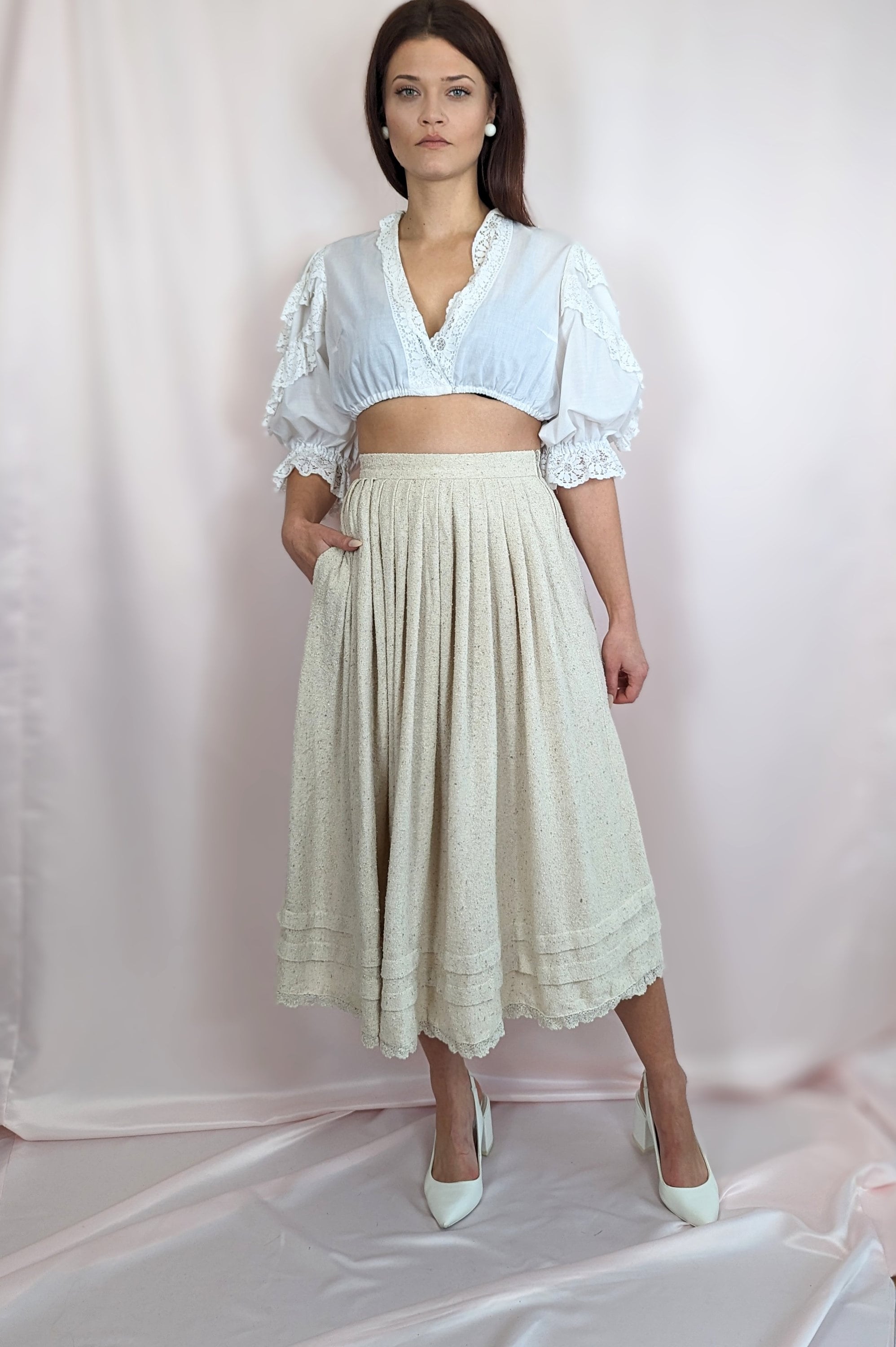 80s Vintage Romantic Folk Midi Circle Gathered Skirt/ High Waist/ 100% ...