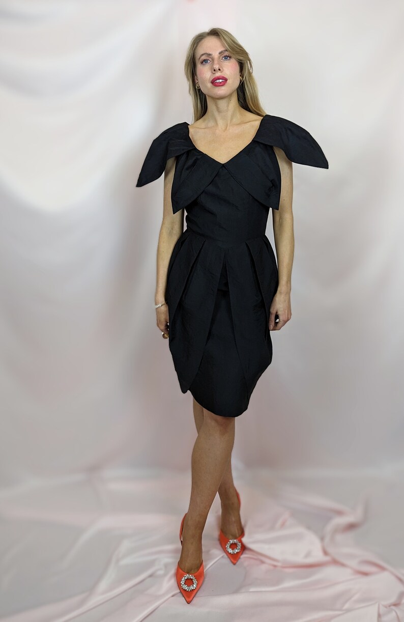 70s Vintage Little Black Tulip Dress With Spiky Statement Dramatic ...