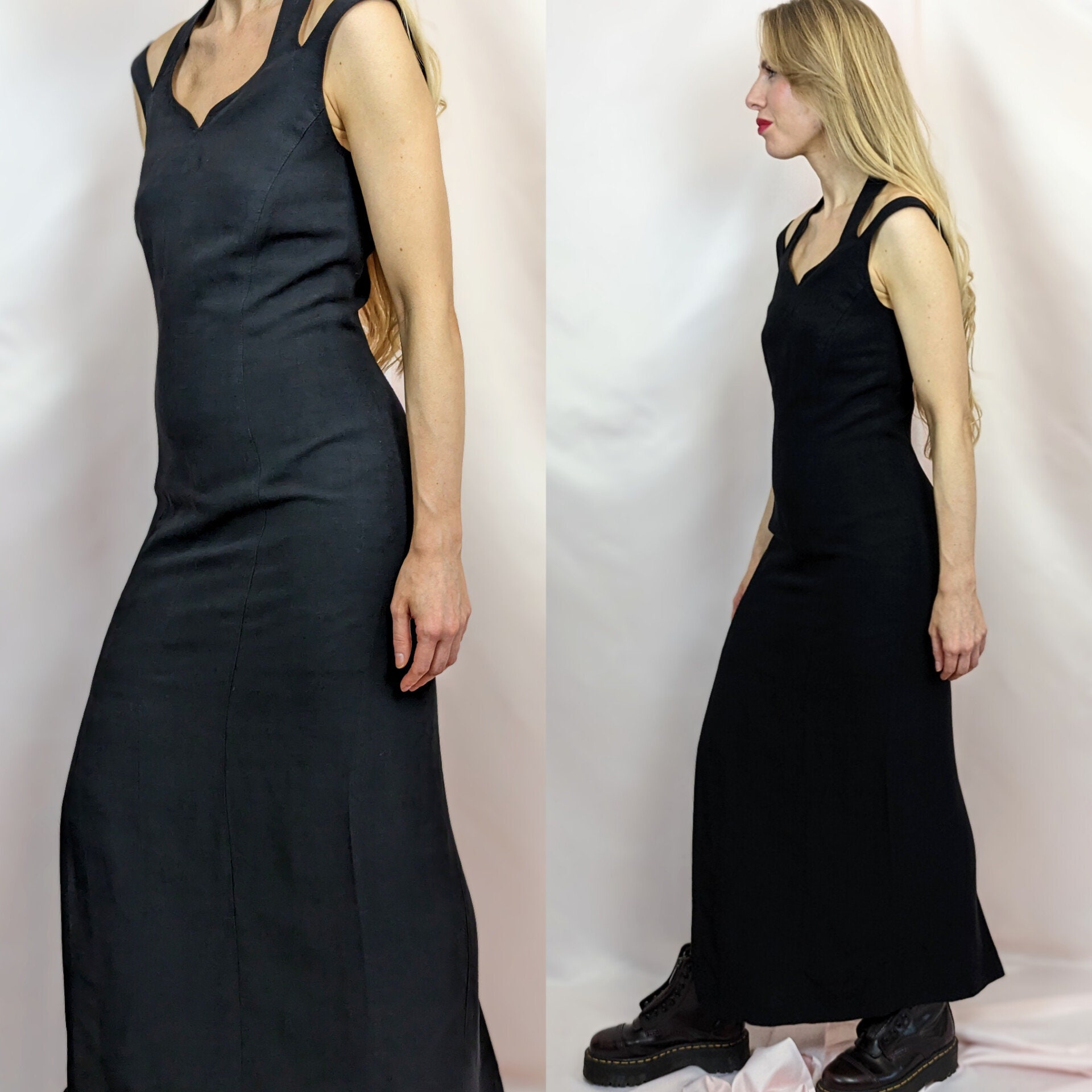 RARE Vintage 80s/90s Viscose & Linen Cut Out Neckline Maxi Fitted Black ...