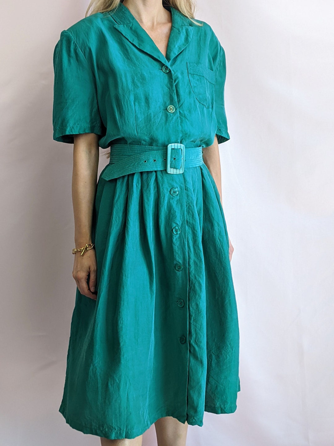 True Vintage 1980s 100% Silk Betty Barclay Green Midi Belted Shirtdress ...