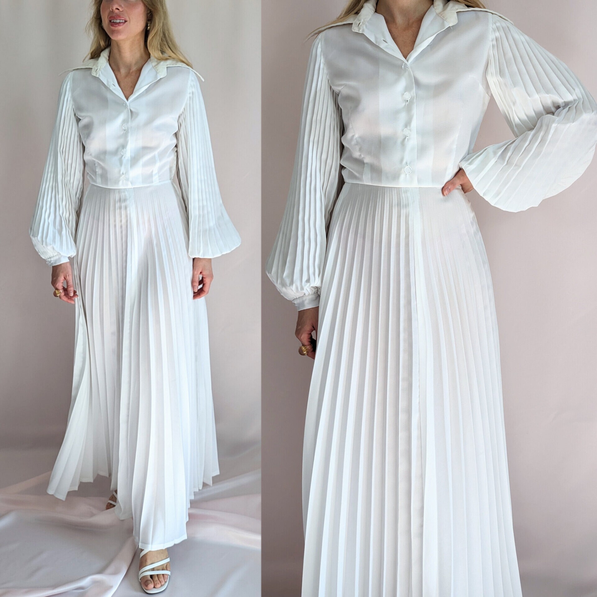 70s Vintage White Maxi Pleated Hostess Dress/ Long Bishop - Etsy