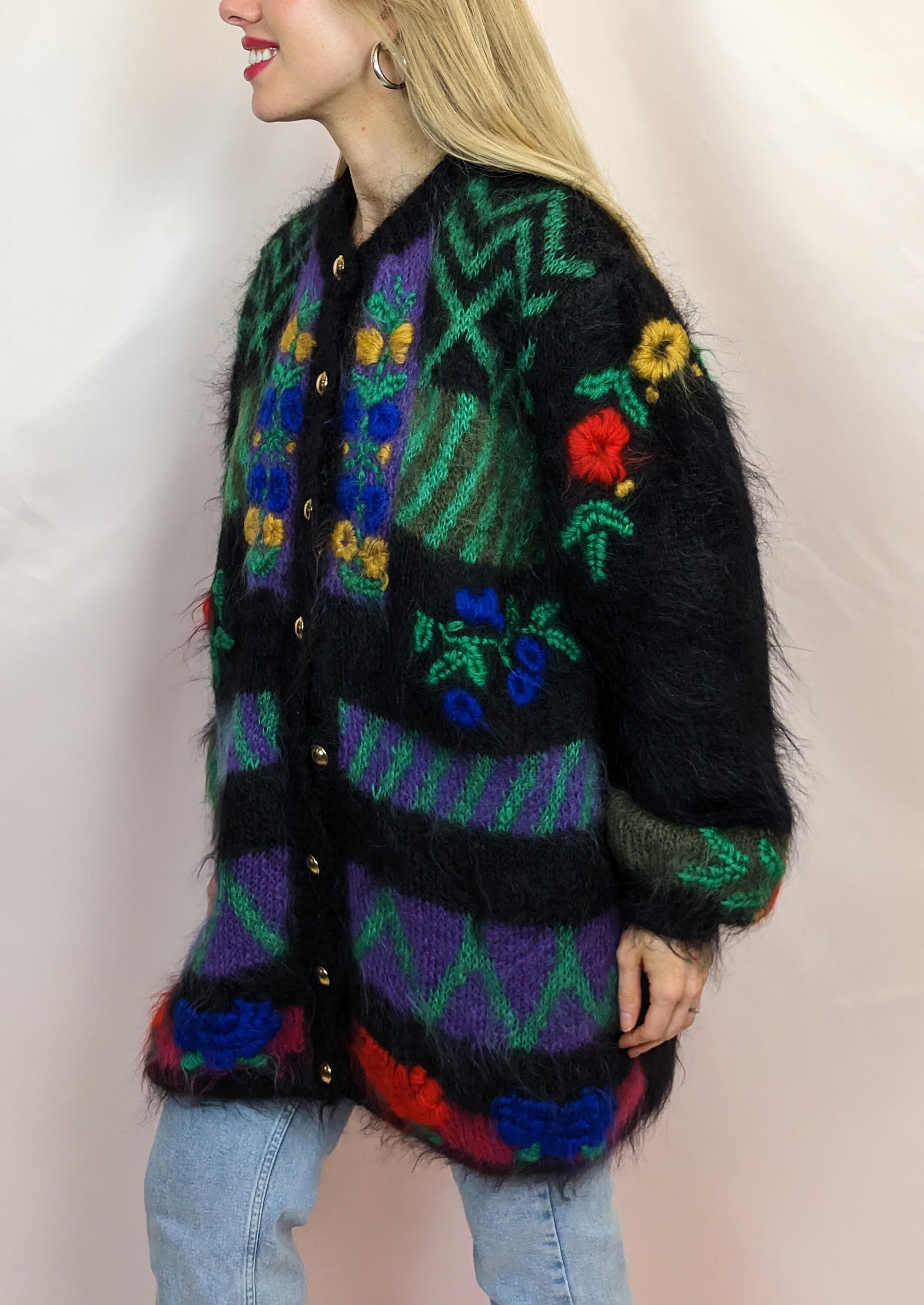 140 90s Vintage Hand Knitted Mohair Oversize Multicolour Cardigan Fuzzy ...