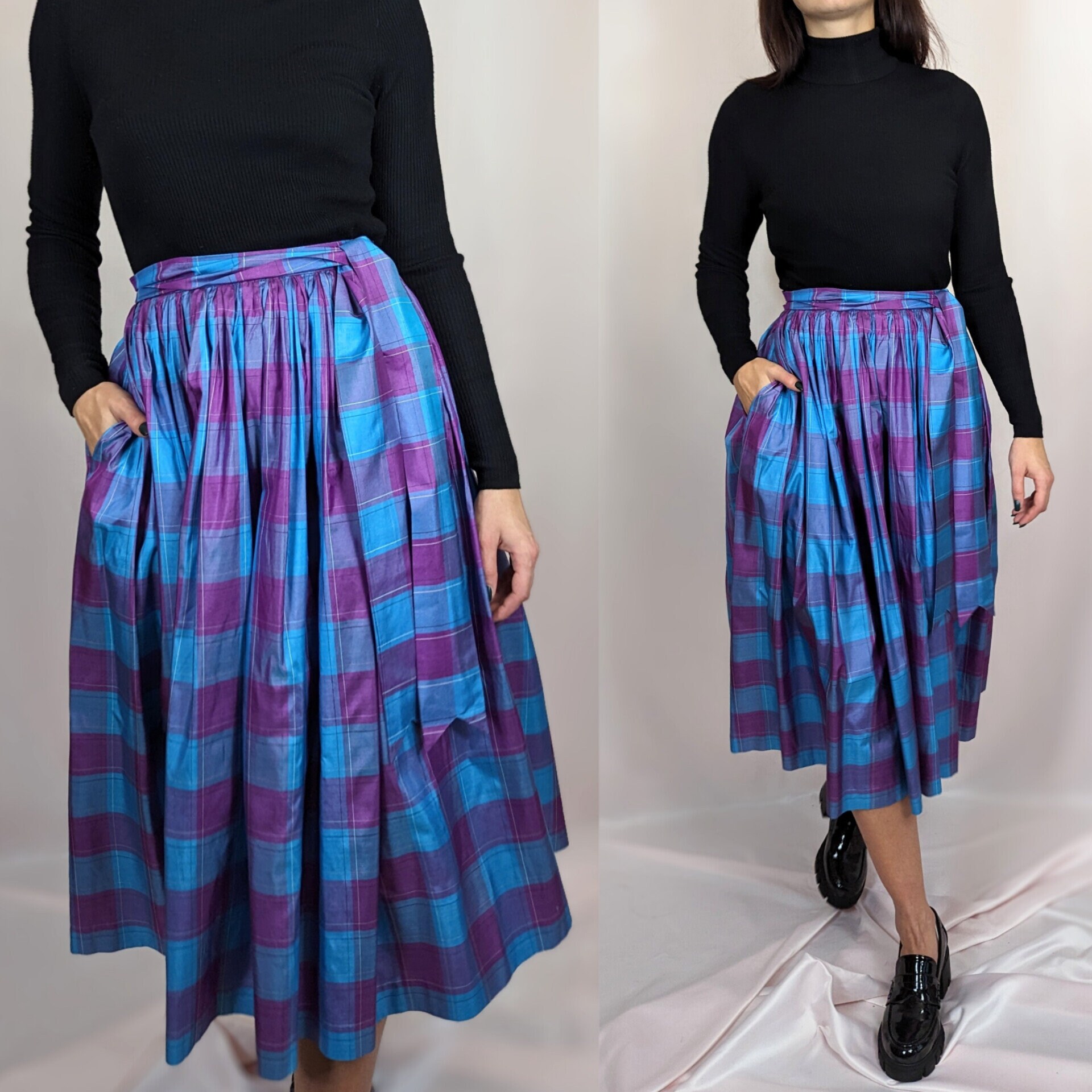 80s Vintage 100% Silk Midi Check Pattern Skirt With Waist Tie/ Pockets ...