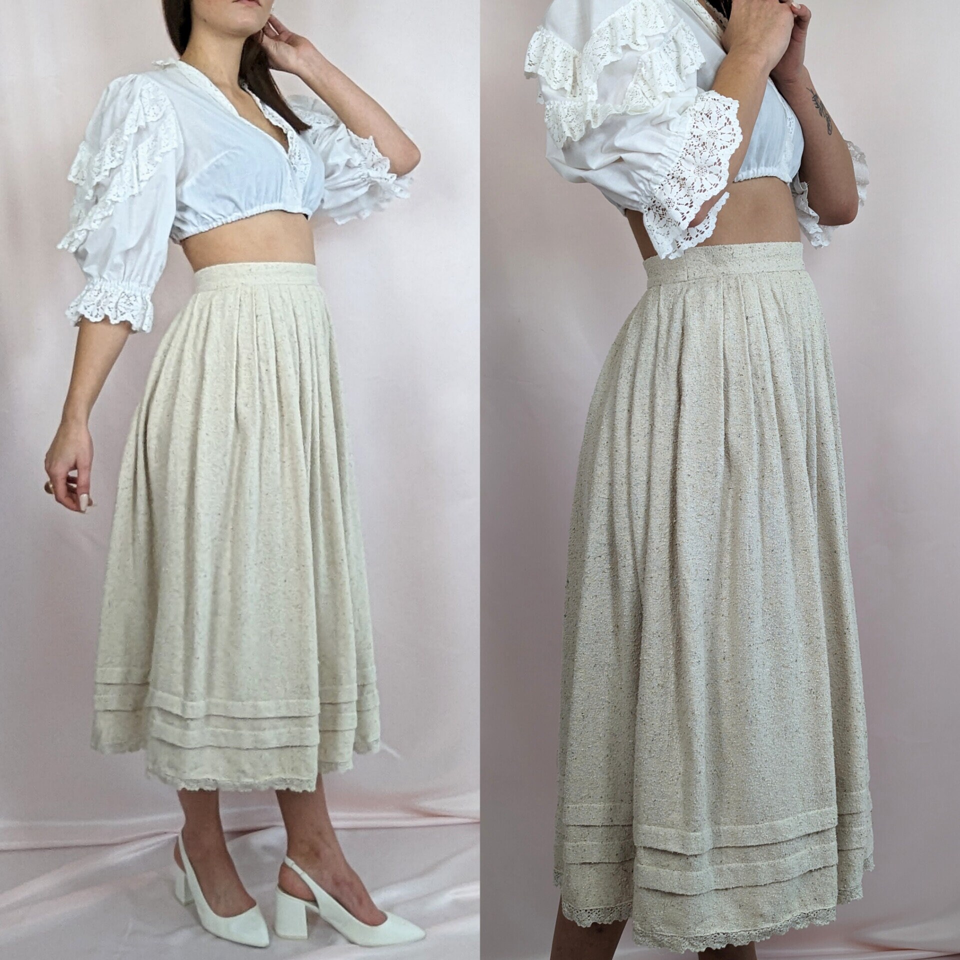 80s Vintage Romantic Folk Midi Circle Gathered Skirt/ High Waist/ 100% ...