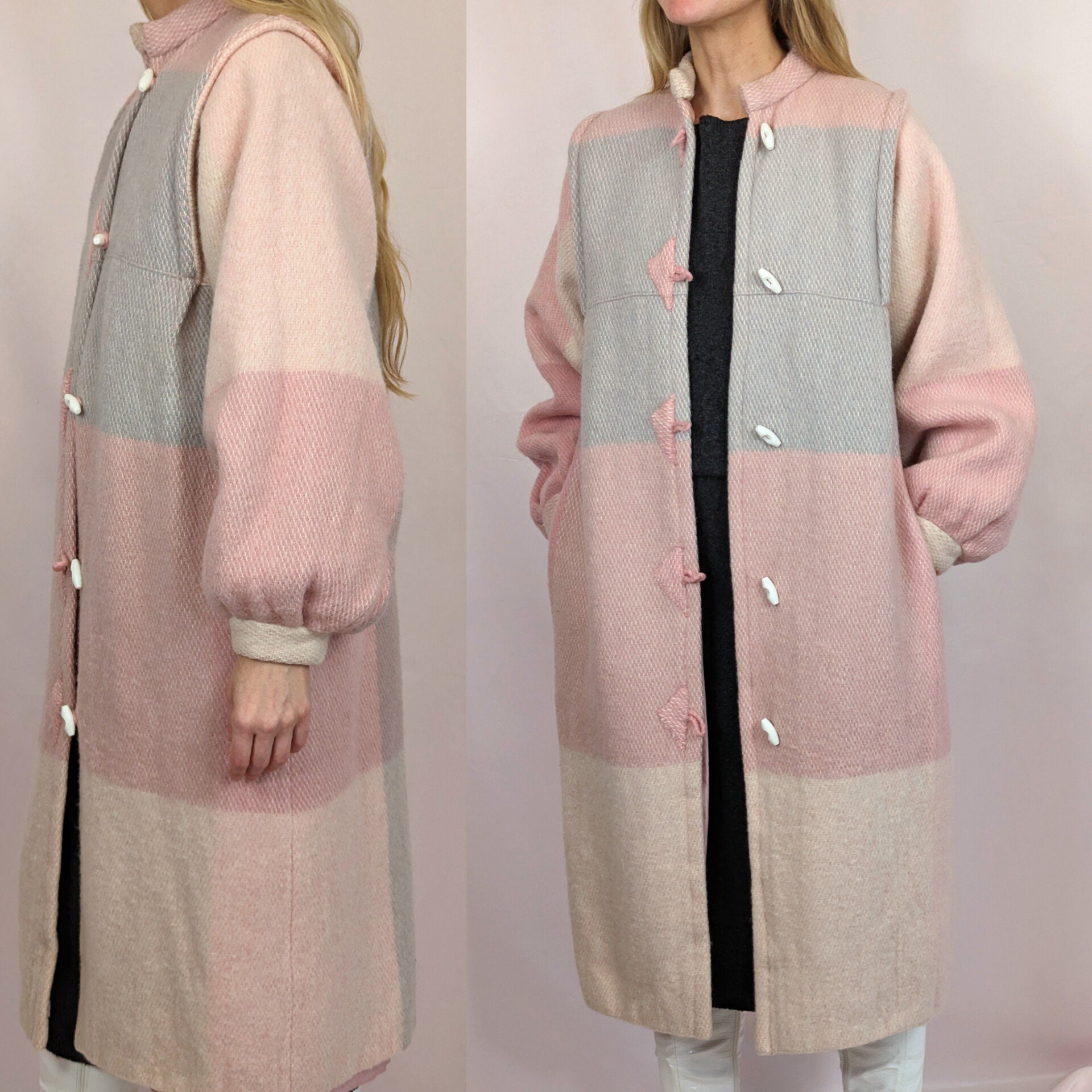 80s Vintage Wool Pastel Colour Block Patchwork Coat/ Fall Winter/ Cosy ...
