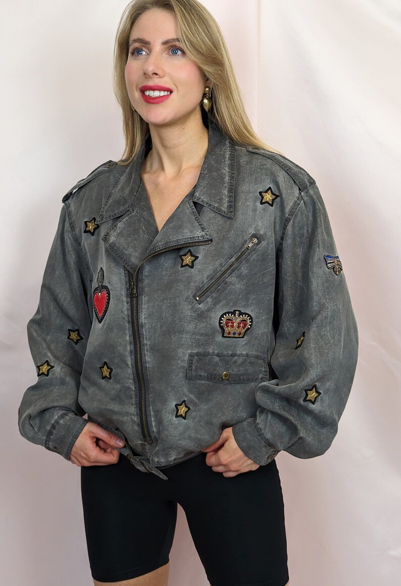 True Vintage 1990s Glamrock 100% Silk Grey Matte Bomber Jacket With ...