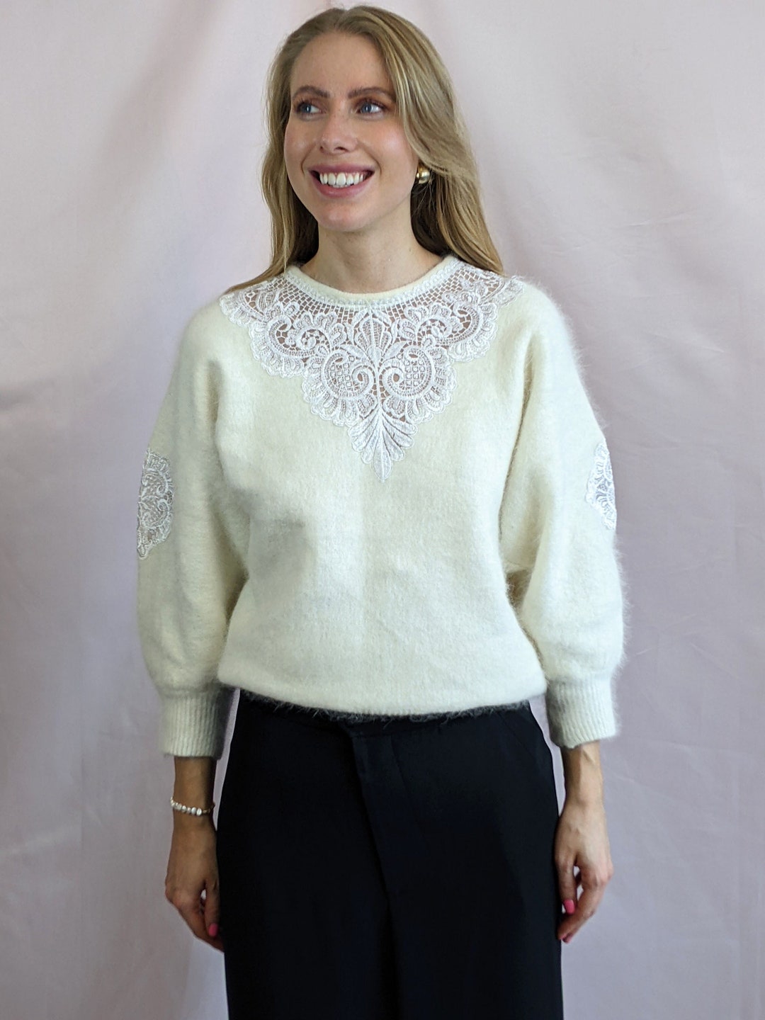 True Vintage 1980s Batwing Cream Angora Wool Fuzzy Romantic Jumper With Openwork Lace Panels ...